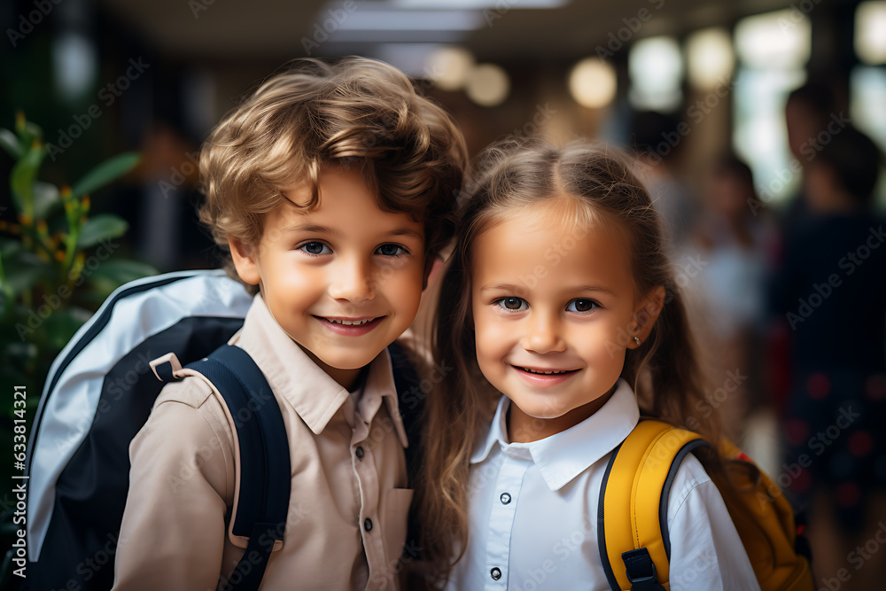Very happy girl and boy waiting at the school entrance. Kids that are ...