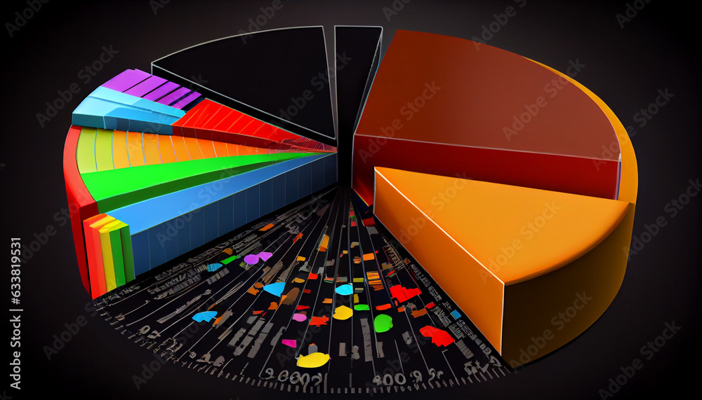 3d rendering of pie chart in black background with colorful rainbow ...