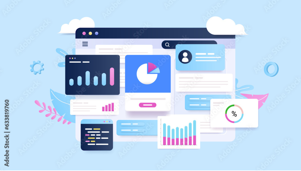 Digital data and statistics in abstract web browser with graphs, charts and diagrams. Vector ...
