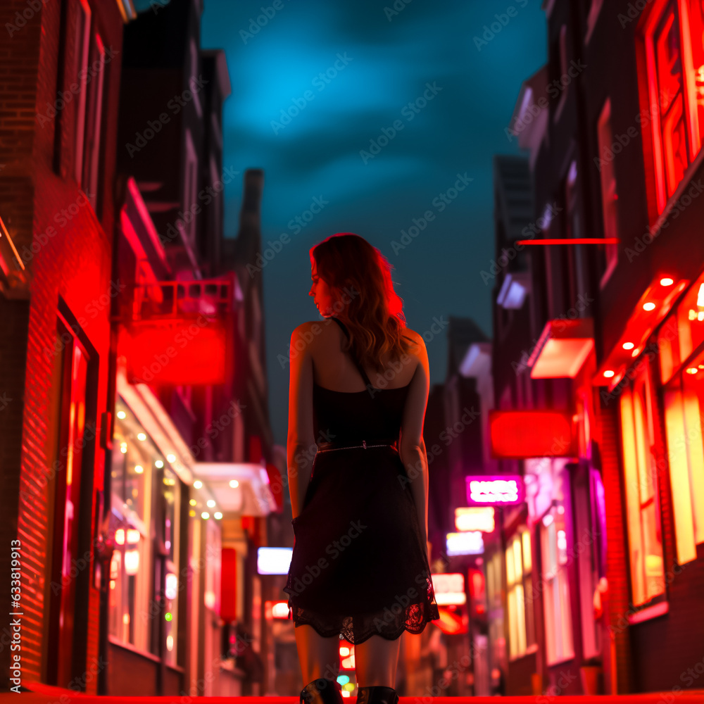 Woman standing in a red light district wearing a short skirt and high ...