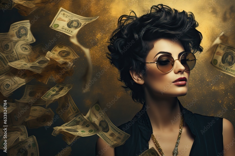 Successful luxury, chic, rich woman with flying dollar banknotes and ...