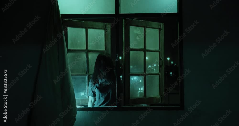 Horror scene of a mysterious Scary Asian ghost woman creepy have hair ...