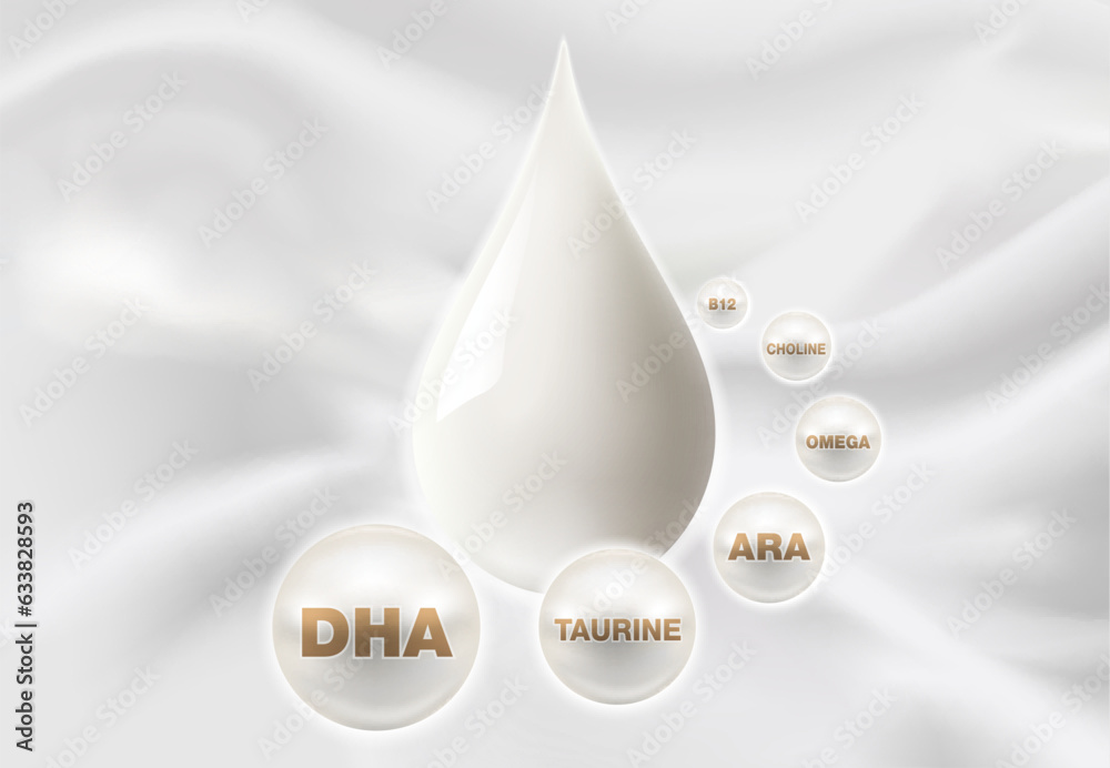 Benefits and nutrition milk drop with essential nutrients DHA, taurine ...