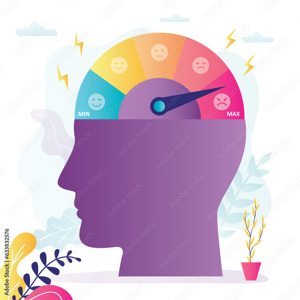 Stress measurement scale in head. Stressmeter shows high tension level ...