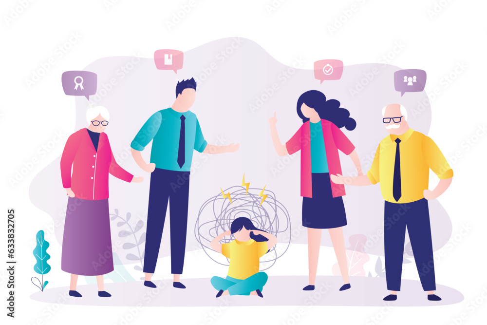 Child problems, family members around sad kid. Family people talking ...