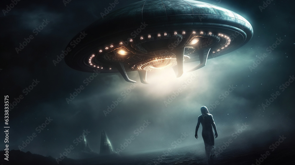 UFO flying saucer flies over people and highways. Invasion of ...