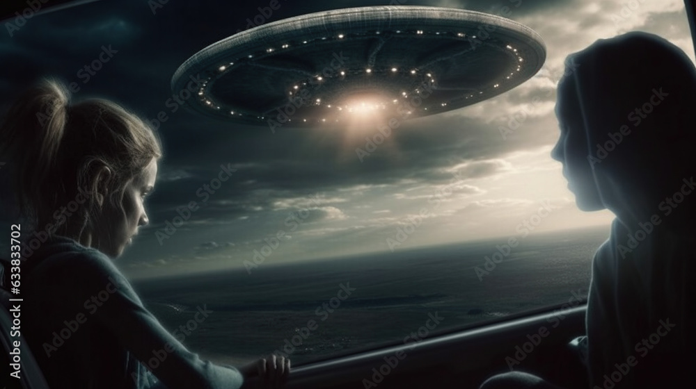 UFO flying saucer flies over people and highways. Invasion of ...