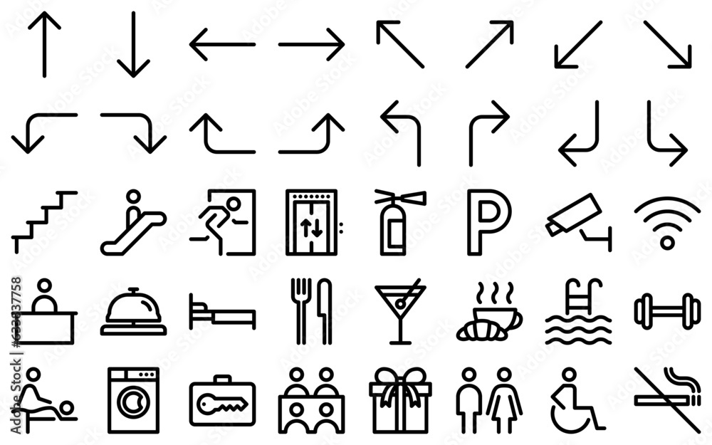 Hotel wayfinding line icon set. Reception desk, bell, restaurant, bar ...