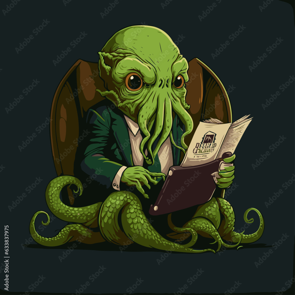 Cartoon Business Cthulhu Woking on His Portfolio. Vector Art. Sci-Fi ...