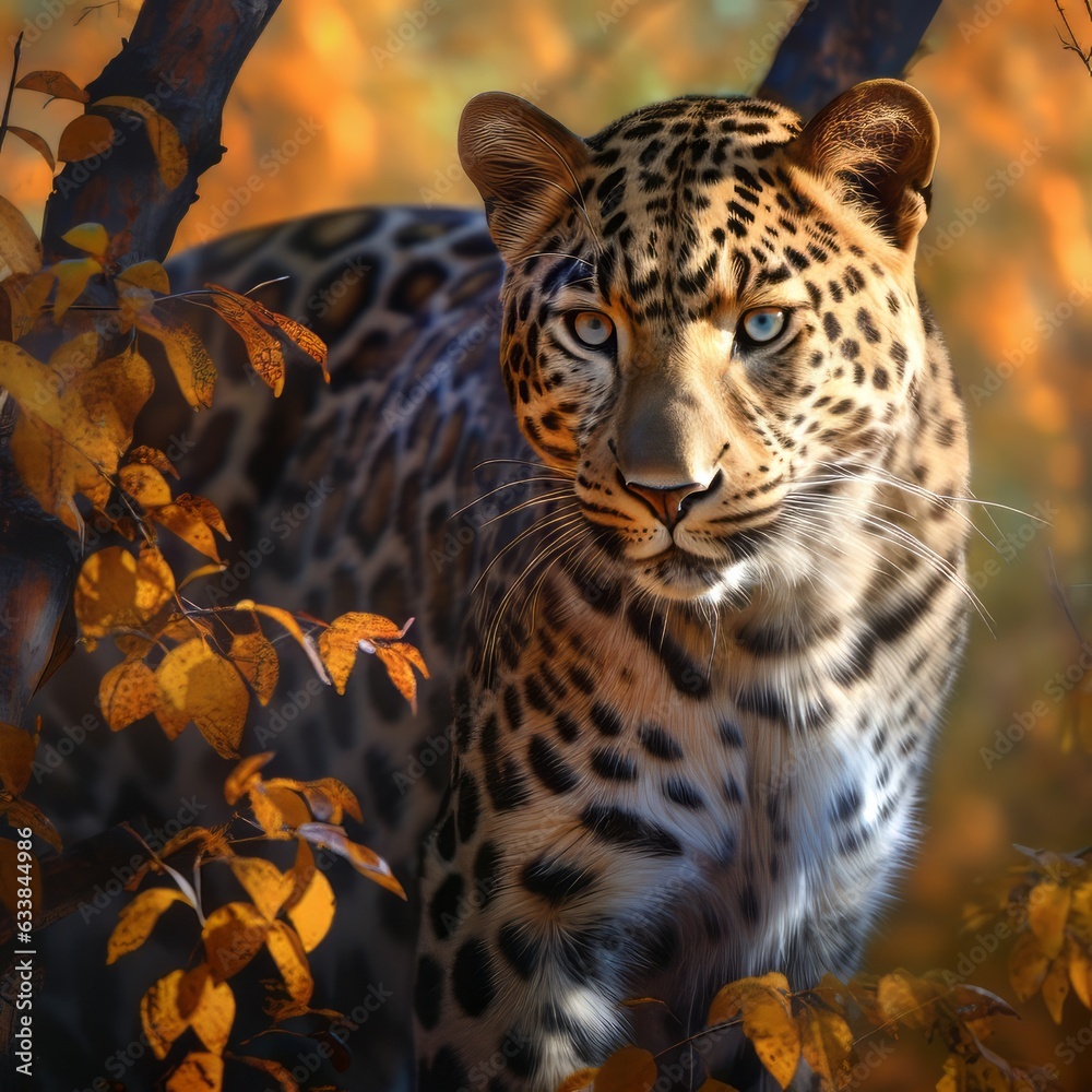 A young, proud Amur leopard peers from behind the leaves in the wild, a ...