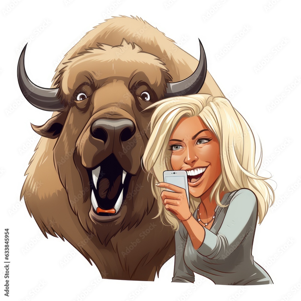 Blonde woman takes a selfie with a bison. Illustration, cartoon style ...