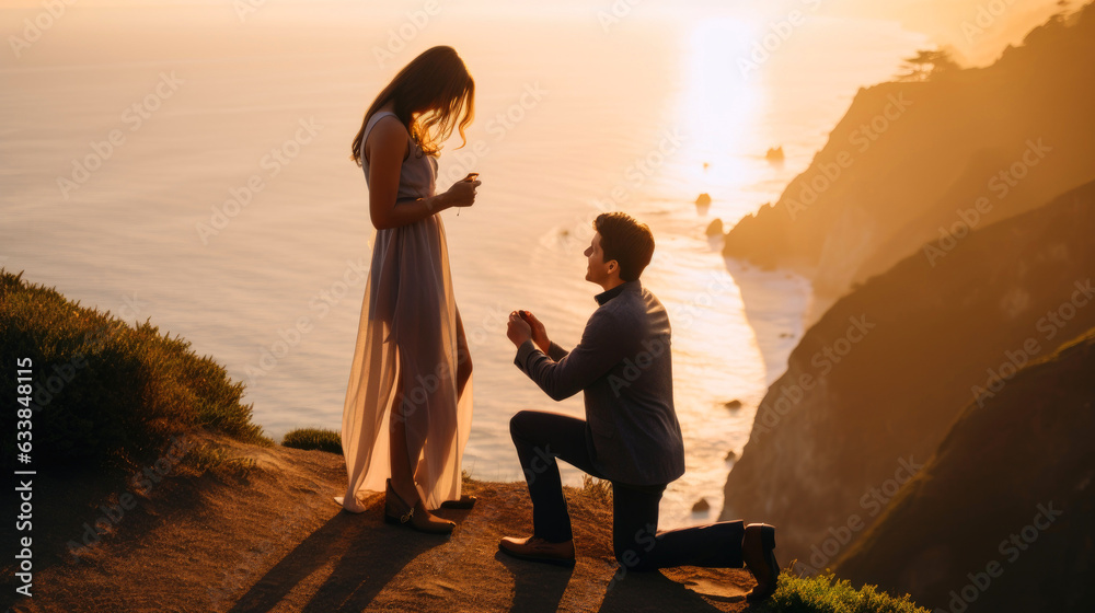 Will you marry me Silhouette of young man staying on the knee and ...