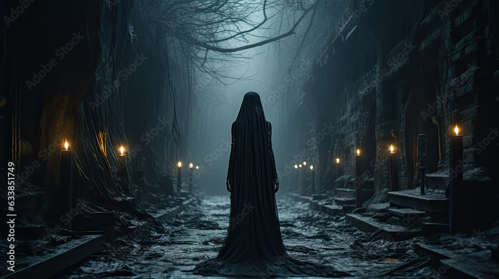 Mysterious woman with black veil walking in abandoned city with a ...