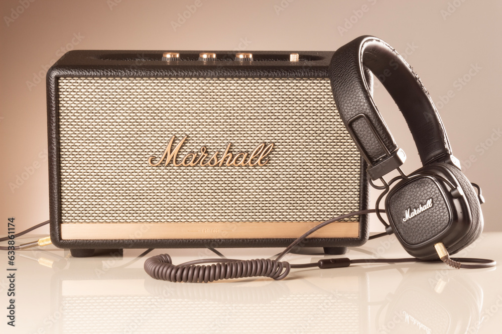 Marshall earphone and an amplifier studio photography Stock Photo ...