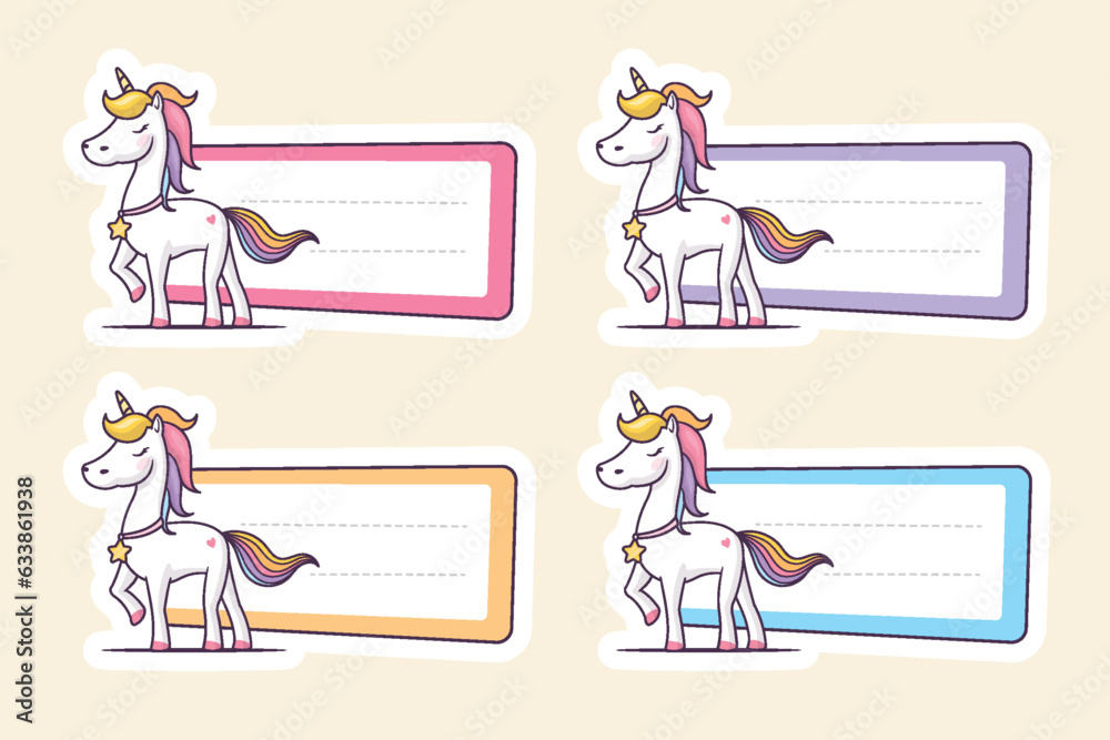 School label sticker with cute magical unicorn vector illustration ...