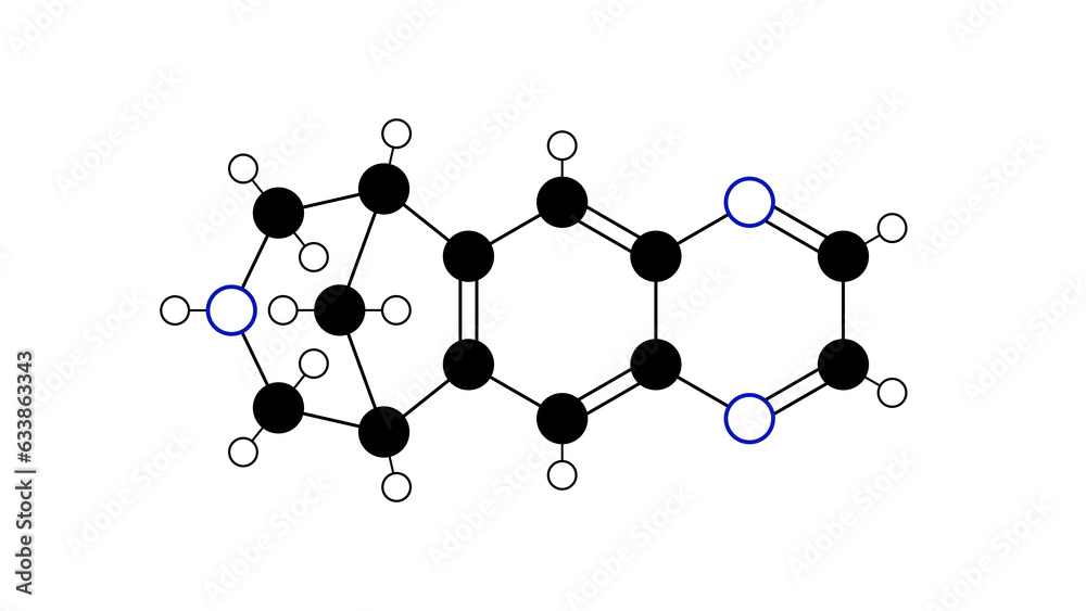 varenicline molecule, structural chemical formula, ball-and-stick model ...