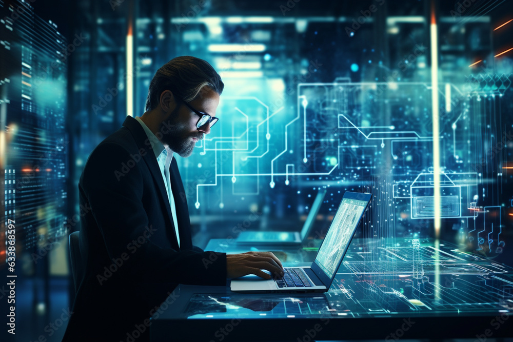 male computer engineer with a laptop, a person is troubleshooting ...