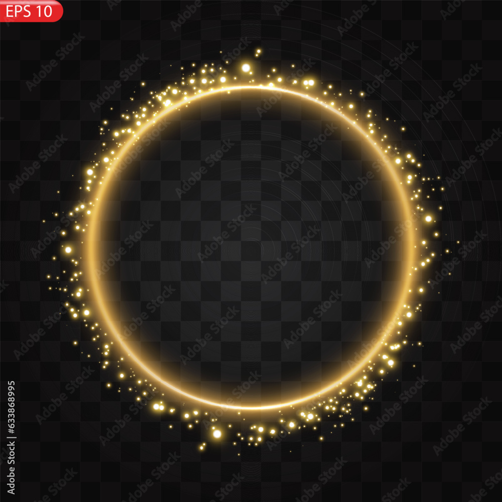 Modern gold shiny vintage frame isolated on a transparent background. Golden glowing circle ...