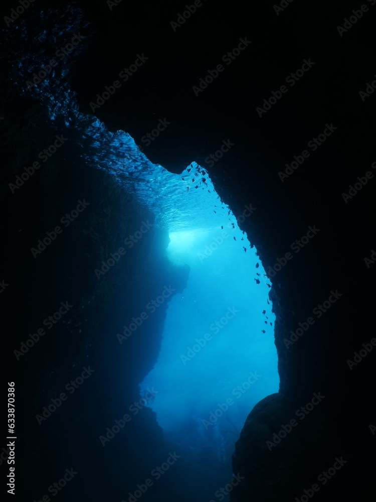caves underwater cave dive blue reflection on the surface background ...