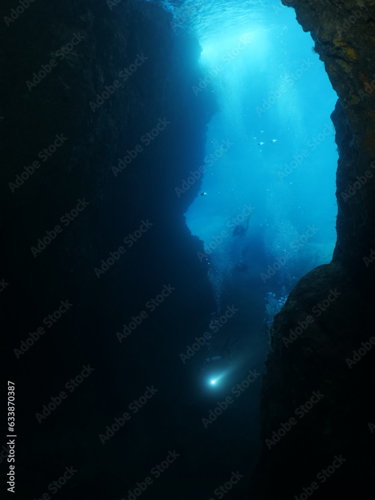 caves underwater cave dive blue reflection on the surface background ...