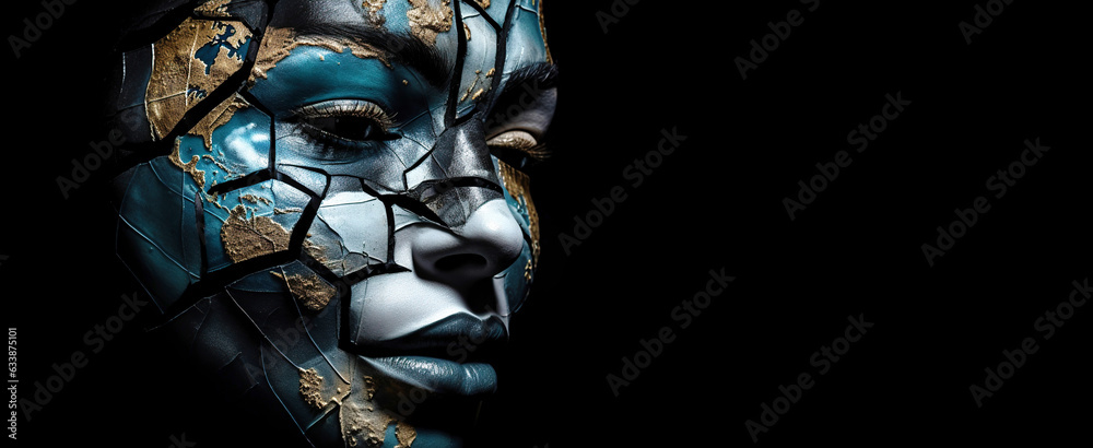 Woman with blue and golden body paint. An amazing model with grey and ...
