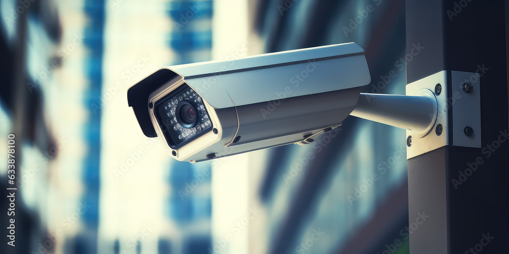 Outdoor CCTV security camera on a blurred building backdrop. Security ...