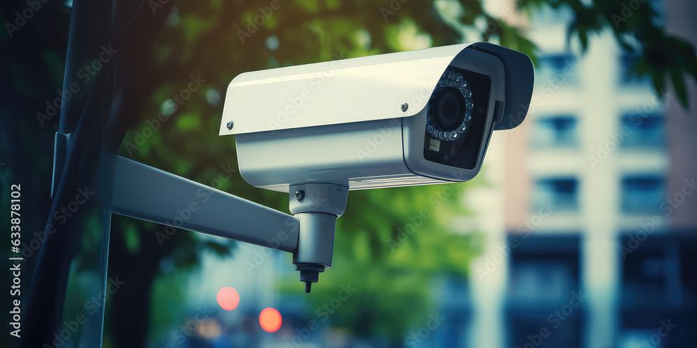Outdoor CCTV security camera on a blurred building backdrop. Security ...