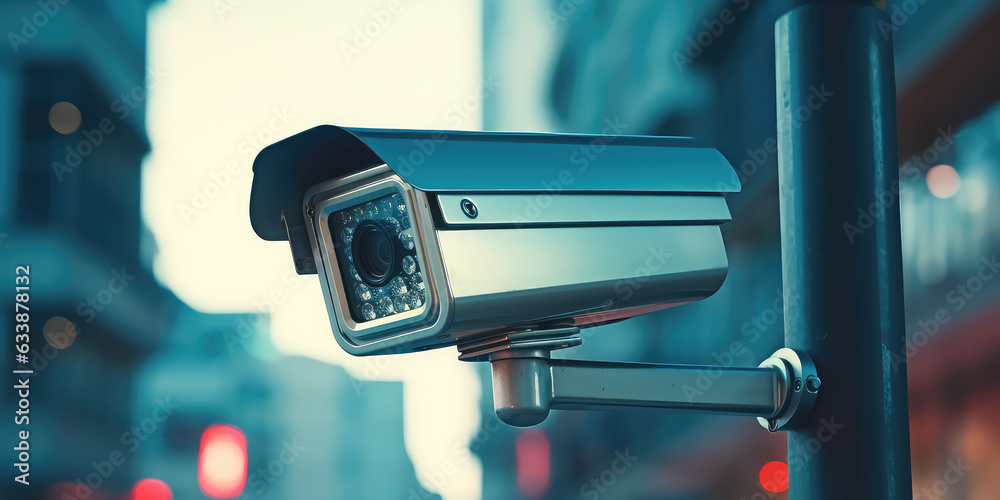 Outdoor CCTV security camera on a blurred building backdrop. Security ...