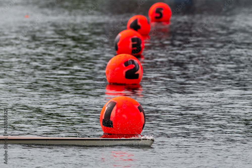 Five lanes at the finish line for a rowing competition. The rowing ...
