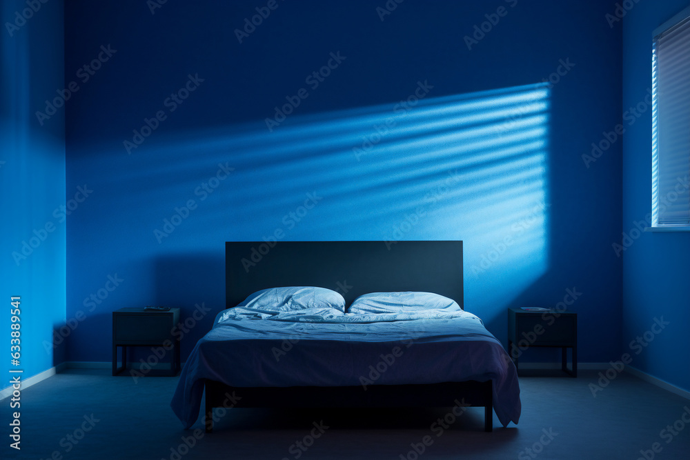 A contemporary bright blue bed room is lit with sun beams coming in ...