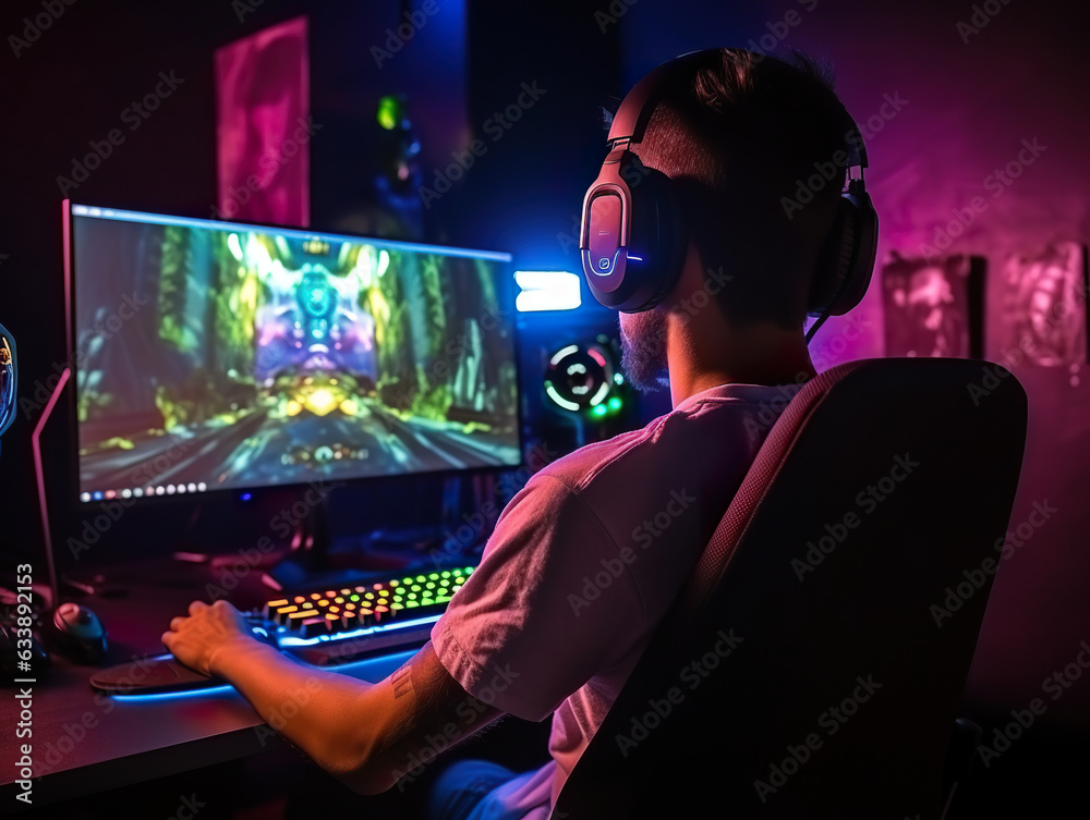 Handsome gamer guy gaming on his pc computer console with keyboard ...
