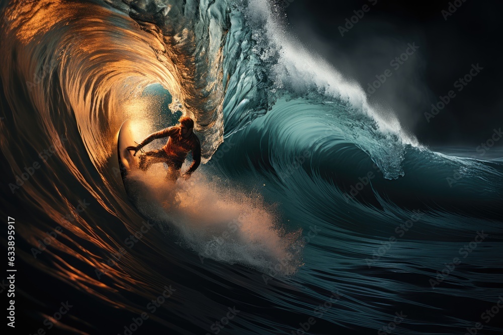 Navigating the Break: Mid-Wave Capture of a Surfer, Displaying the ...