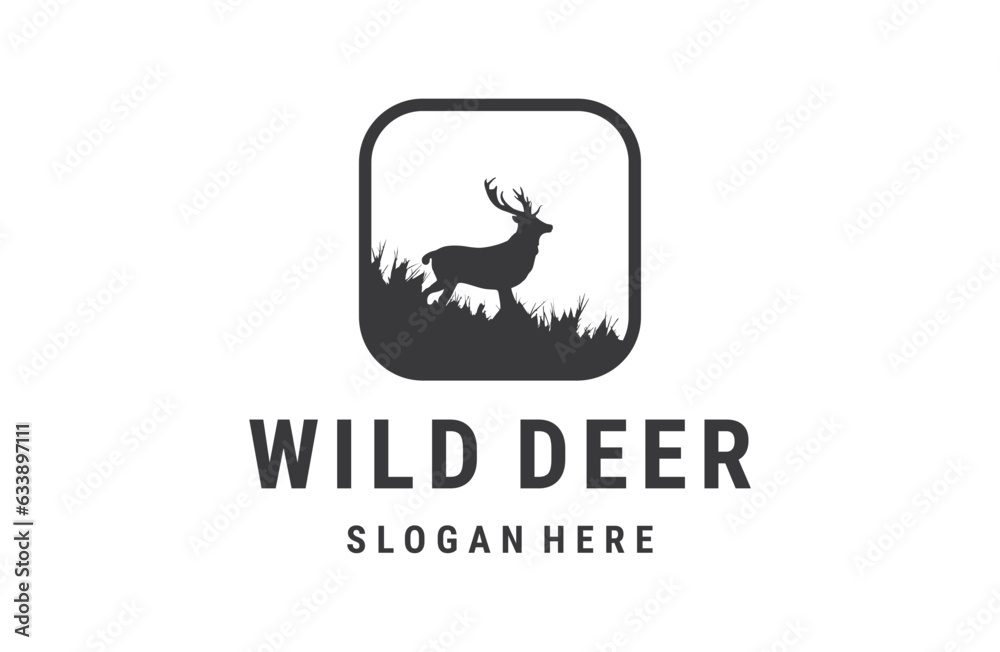 Deer logo line icons. Wild reindeer outdoor brand label. Wildlife stag ...