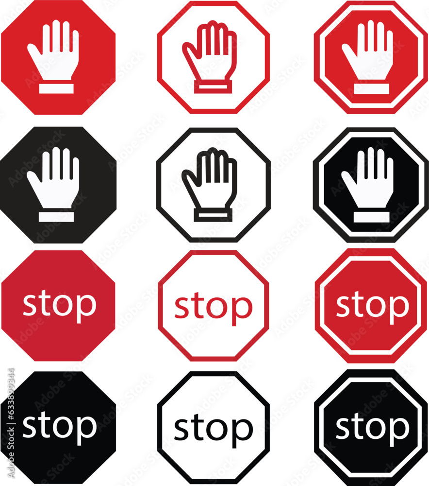 STOP! set of Red and black octagonal stop hand sign for prohibited ... STOP! set of Red and black octagonal stop hand sign for prohibited ...