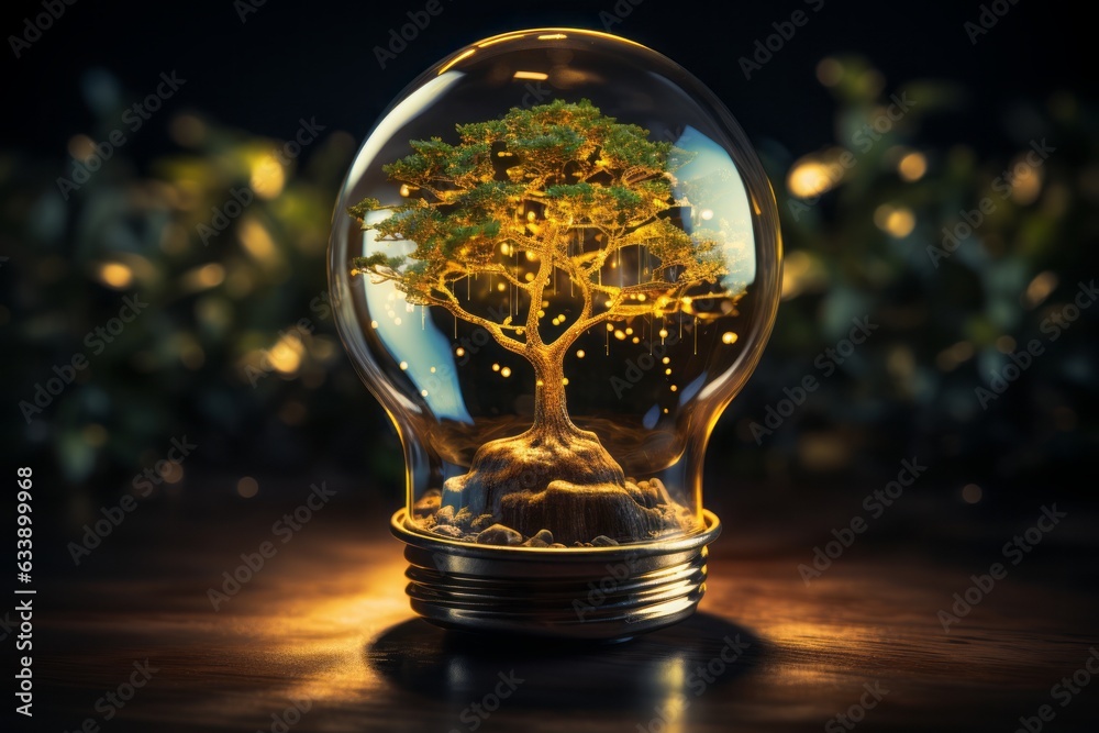 Illuminating innovation, a vibrant tree sprouts from a lightbulb ...
