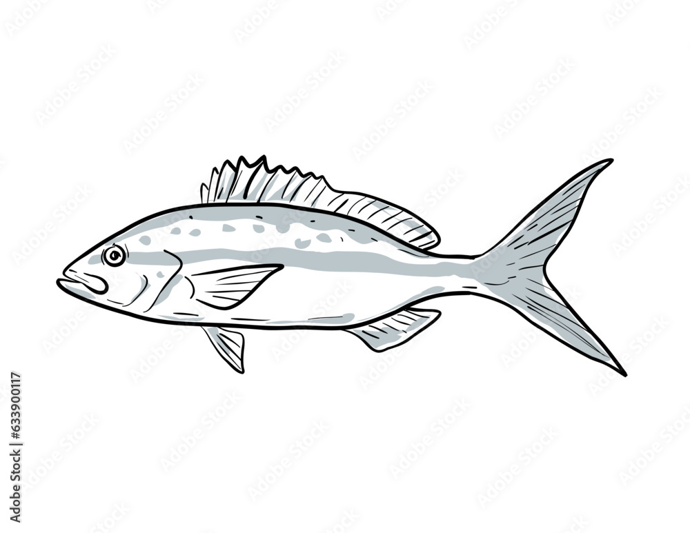 Drawing sketch style illustration of a yellowtail snapper Fish Gulf of ...
