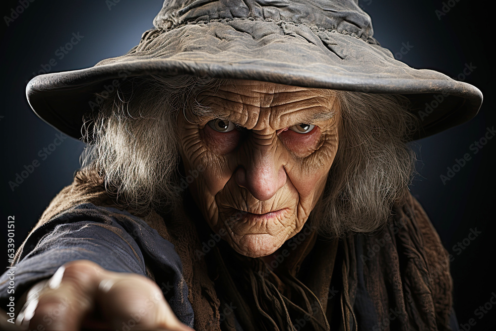 old elderly scary witch woman in hat and black costume on dark ...