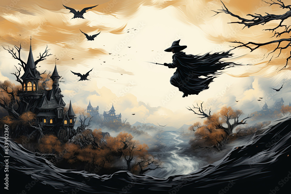 festive greeting card for Halloween with witch girl in hat flying on a ...