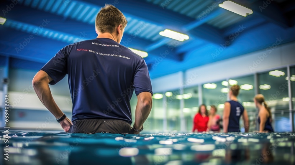 coach guiding a swimmer during practice in a pool generative ai Stock ...
