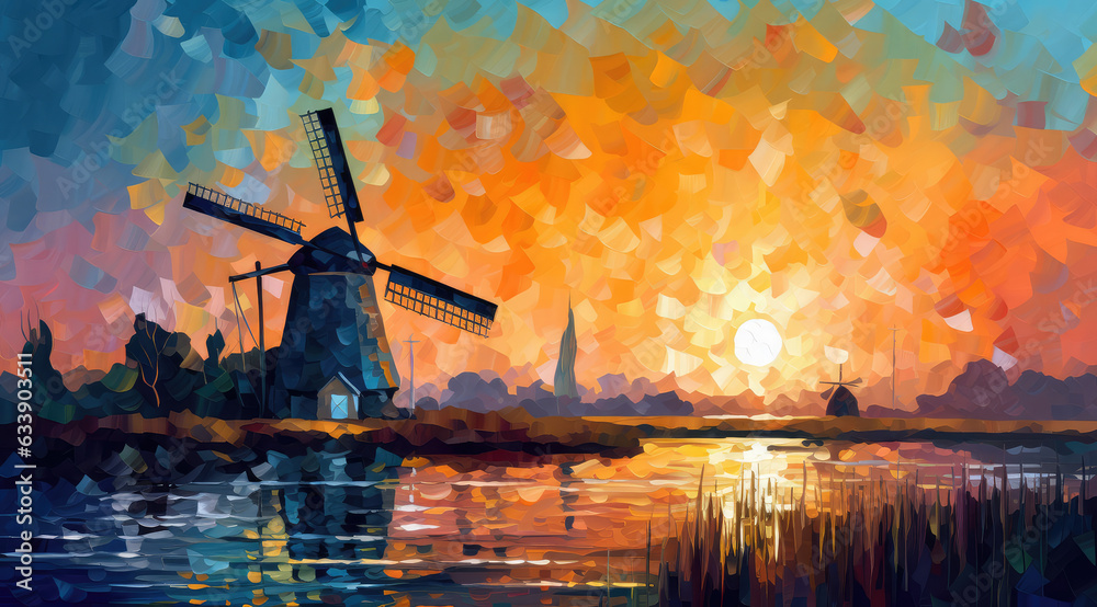 windmill at a river, in the style of colorful cubism, colorful pixel ...