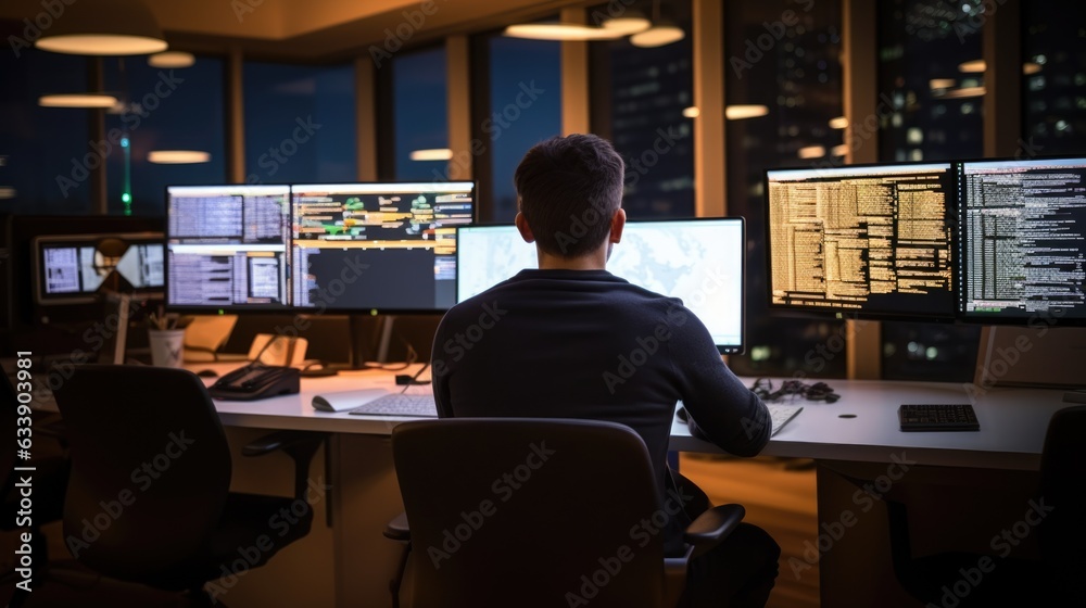 web developer coding on multiple screens in a tech-filled office ...