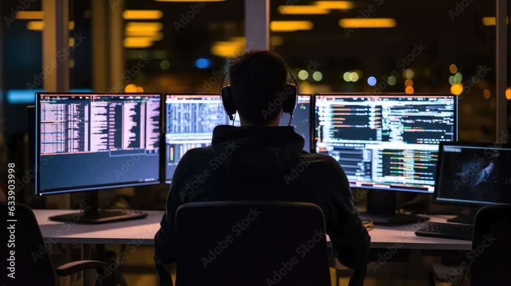 web developer coding on multiple screens in a tech-filled office ...