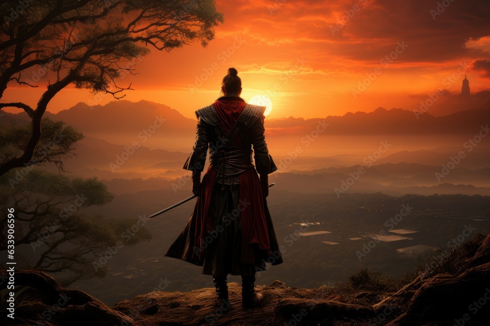 Hilltop Reverie: A Singular Samurai Amid the Radiant Sunset, Conveying ...