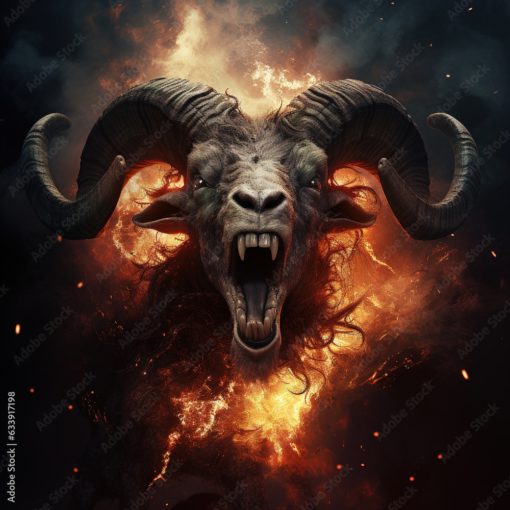 Image of an angry demon sheep terrifying with flames and smoke on dark ...
