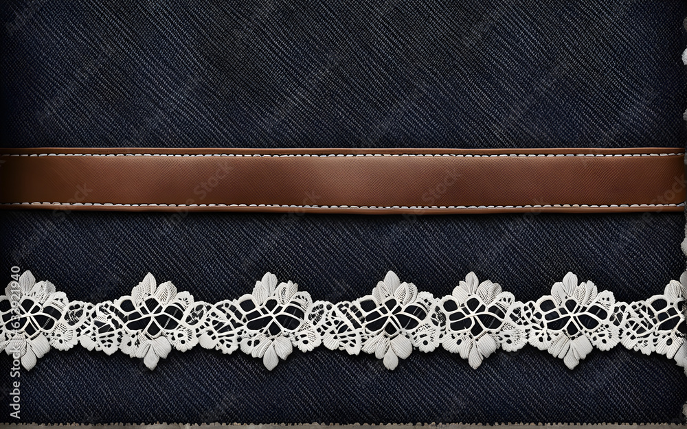 black denim background with lace borders and small leather label dark ...