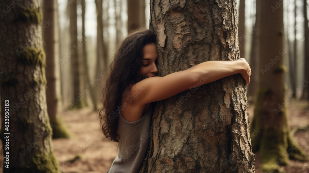 Young woman tree hugging in the forest to protect from deforestation ...