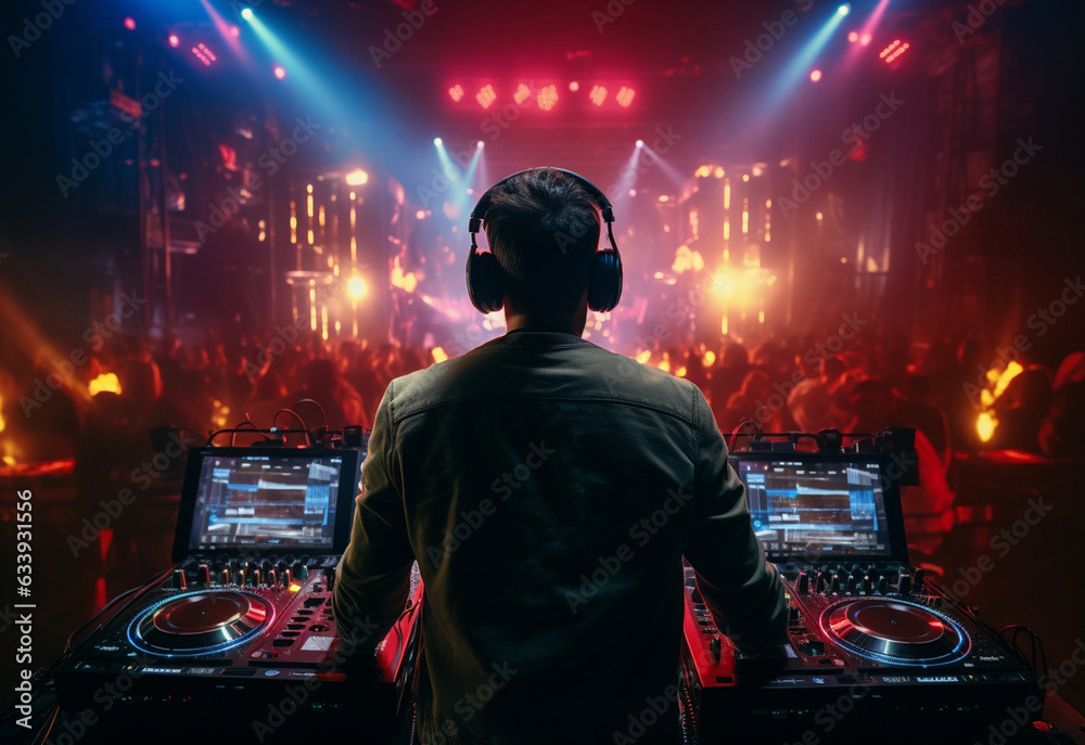 DJ playing and mixing music in nightclub party at night . EDM dance ...