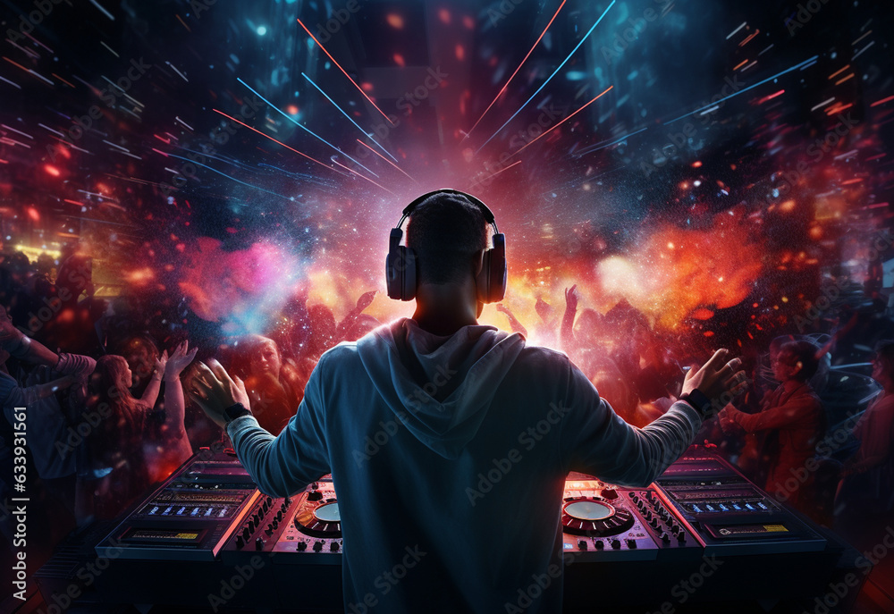 DJ playing and mixing music in nightclub party at night . EDM dance ...