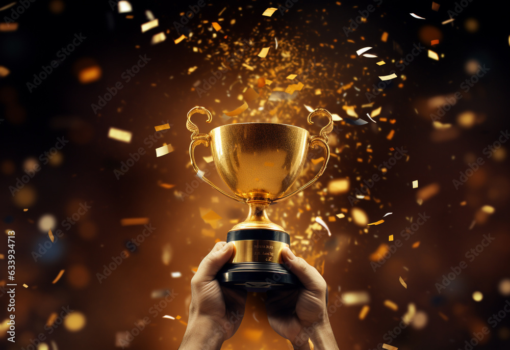 Hand holding gold trophy cup with confetti. celebrating with trophy ...