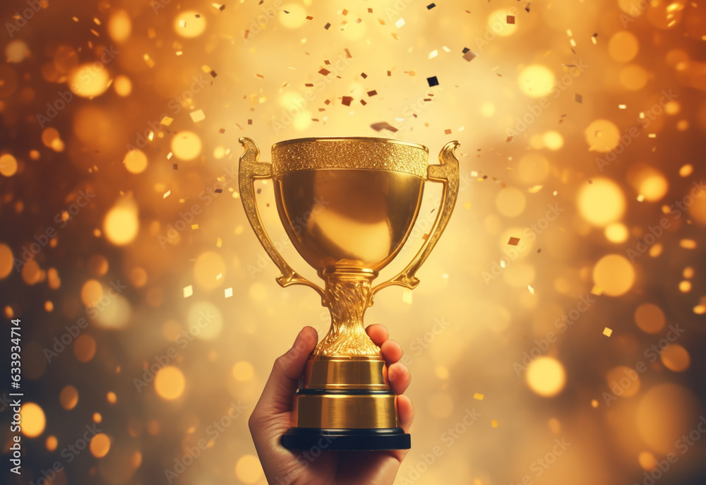 Hand holding gold trophy cup with confetti. celebrating with trophy ...